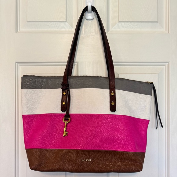 Fossil | Bags | Fossil Jenna Tote Bag Pebbled Leather Purse Pink Gray ...